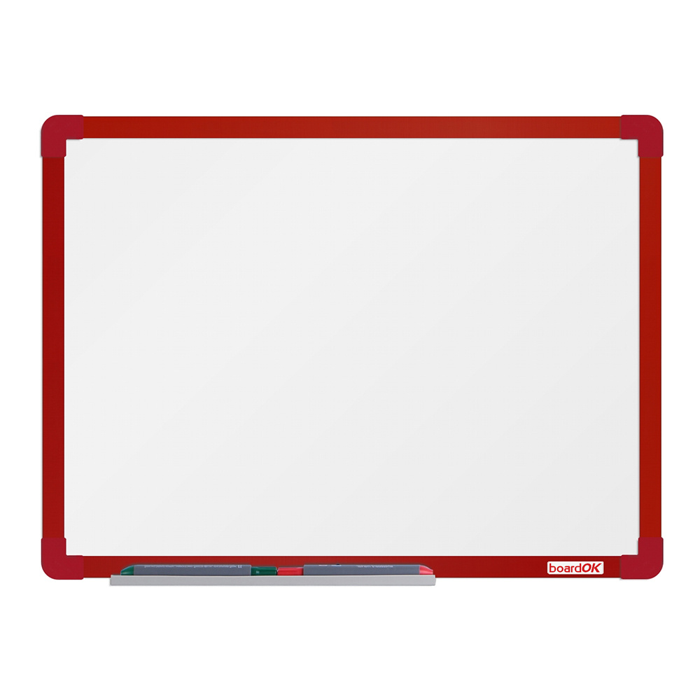 Biela magnetická popisovacia tabuľa boardOK 600 x 450 mm, červený rám ...